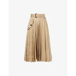 Sacai Belted Pleated Cotton-garbadine Midi Skirt - Beige