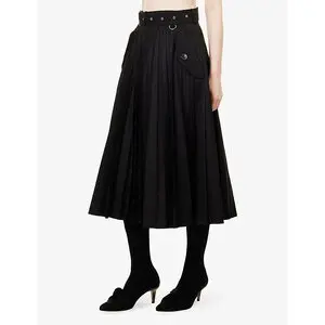 Sacai Belted Pleated Cotton-garbadine Midi Skirt - Black