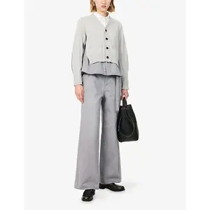Sacai Contrast Panelled Denim And Cotton-knit Cardigan - Gray