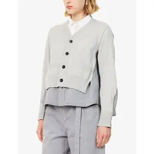 Sacai Contrast Panelled Denim And Cotton-knit Cardigan - Gray