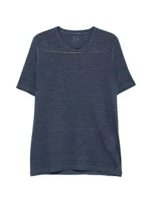 120% Lino 100% Linen Crew Neck Embroidered Logo Short Sleeve T-shirt - Blu