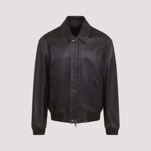 Prada Print Pattern Bomber Jacket In 100% Lamb Leather - Brown