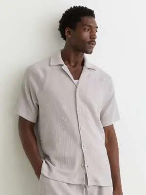 REISS Knox Textured Raglan Cuban-collar Shirt - Silver