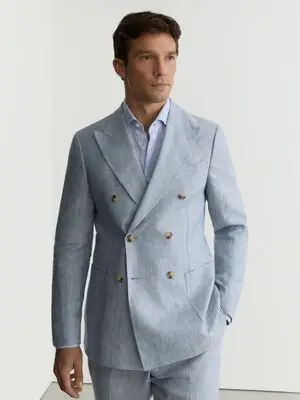 REISS Db Atlantic Tailored Fit Linen-twill Double-breasted Blazer - Soft Blue