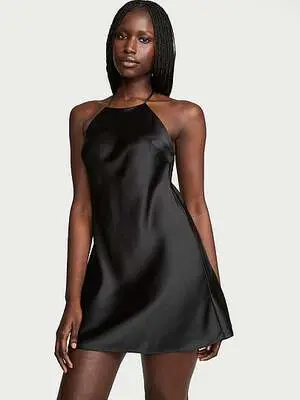 Victoria's Secret Luxe Satin Halter Mini Slip Dress - Black