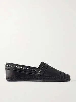 Tory Burch Open Weave Embroidered Satin Espadrilles - Black