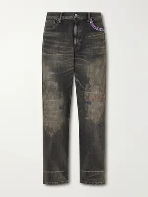 NEIGHBORHOOD Savage Wide-leg Bead-embellished Distressed Jeans - Gray