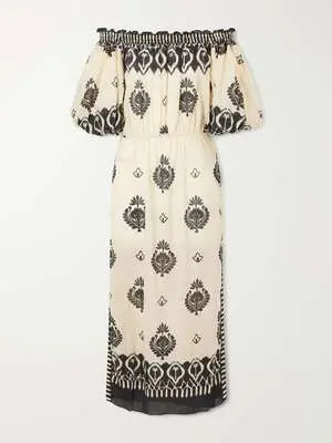Johanna Ortiz Harbor Hues Off-the-shoulder Ruched Printed Cotton-poplin Midi Dress - Ecru