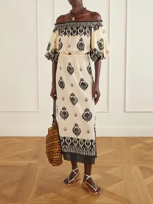Johanna Ortiz Printed Off-the-shoulder Puff Sleeve Midi Dress - Neutrals
