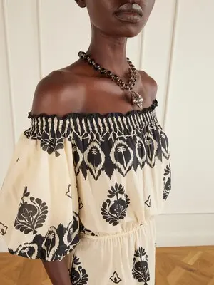 Johanna Ortiz Printed Off-the-shoulder Puff Sleeve Midi Dress - Neutrals