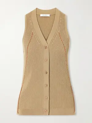 Max Mara Lace-detailed Ribbed Cotton-blend Vest - Brown