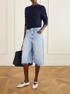 MOTHER The Whole Lot Zip Fray Low-rise Wide-leg Denim Shorts