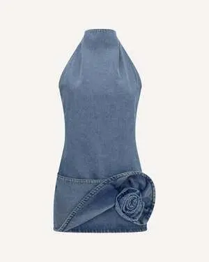Magda Butrym Halterneck Denim Mini Dress With Rose Appliqu - Light Blue
