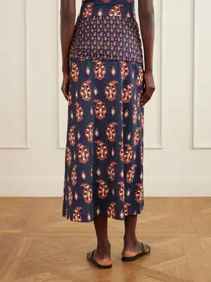 Johanna Ortiz Printed Ruched Stretch-jersey Skirt - Navy