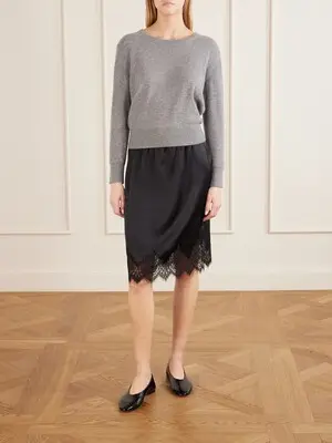 NILI LOTAN Thea Lace-trim Silk-satin Midi Skirt