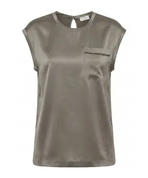 Brunello Cucinelli Monili-chain Pocket Silk Top - Gray