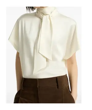 Brunello Cucinelli Short-sleeved High-neck Blouse With Tie Detail - No