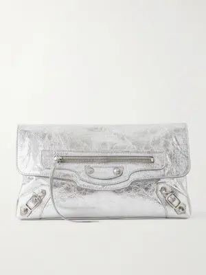 Balenciaga Le City Crinkled-leather Clutch - Silver