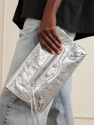 Balenciaga Le City Crinkled-leather Clutch - Silver