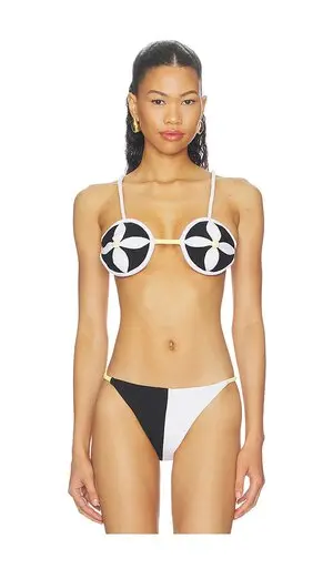 NAU BIKINIS Redondo Flor Bikini Top In Black & White - Black Multi