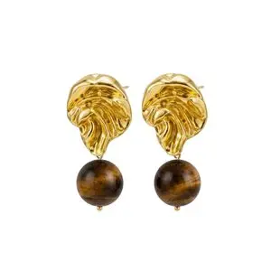 LINYA JEWELLERY Tigris Dangling Amorphous Tiger Eye Silver & Plated Earrings, Natural Stone Earring - Gold