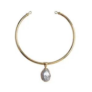 LINYA JEWELLERY Magma Baroque Pearl Choker Silver & Plated Necklace, Pearl Wedding Choker - Gold