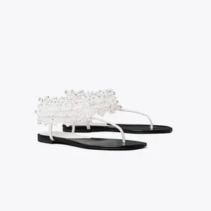 Tory Burch Embellished Beaded Flat Sandals - Cloud