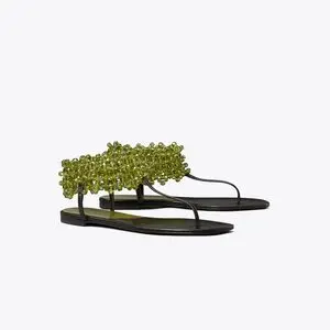 Tory Burch Embellished Beaded Flat Sandals - Olive