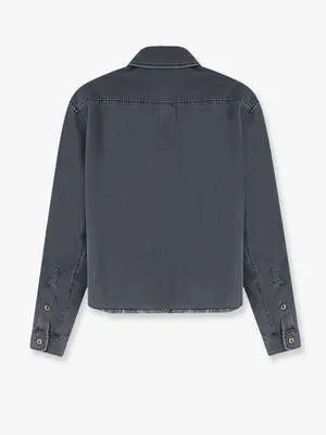 Miu Miu Light Denim Shirt With Embroidered Logo And Fringed Hem - Grey