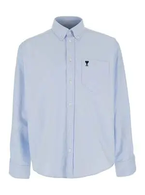AMI Paris Light Blue Shirt With Button Down Collar And Adc Embroidery In Light Blue Cotton For - Multicolor