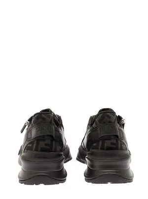 Fendi Flow Leather Sneakers With Ff Logo And Side Zip Detail - Black