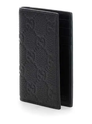 Gucci Bi-fold Wallet With Vertical Design In Grained Gg Leather Black