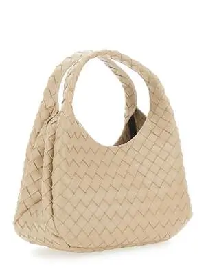 Bottega Veneta Campana Small Shoulder Bag In Leather With Intreccio Motif - Cream