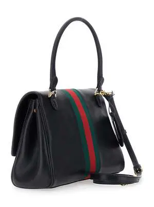 Gucci Leather Handbag With Web Detail And Horsebit Plaque - Black