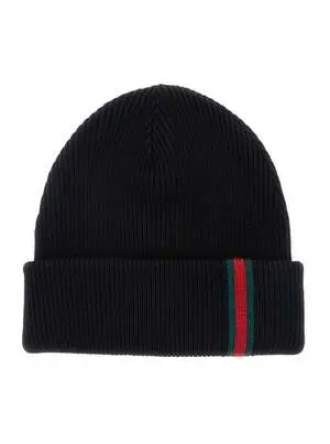 Gucci Black Wool Ribbed Beanie Hat With Web Detail - Multicolor