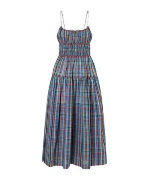 DÔEN Gathered Checked Organic Cotton Midi Dress - Blue