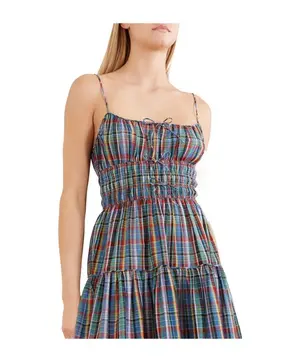 DÔEN Gathered Checked Organic Cotton Midi Dress - Blue