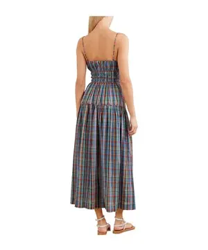 DÔEN Gathered Checked Organic Cotton Midi Dress - Blue