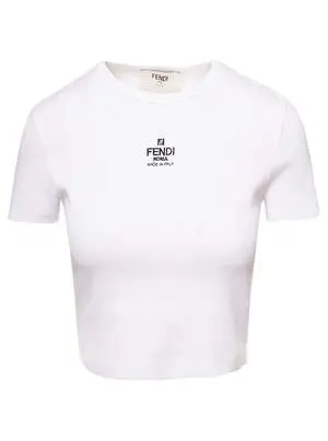 Fendi White Crop T-shirt With Logo Embroidered In Stretch Cotton For - Multicolor