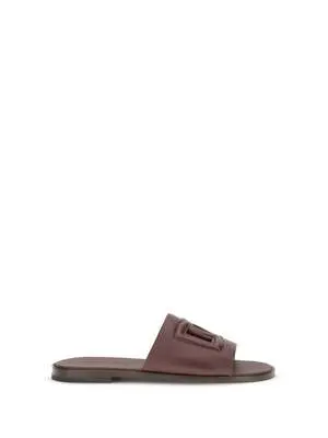 Dolce & Gabbana Grained Leather Flat Sandals With Cut-out Logo - Brown
