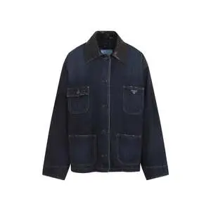 Prada Denim Jacket With Leather Collar - Blue