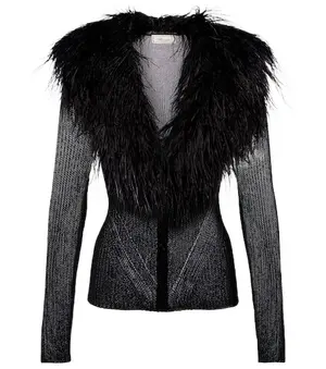 Blumarine Feather-trimmed Ribbed-knit Cardigan