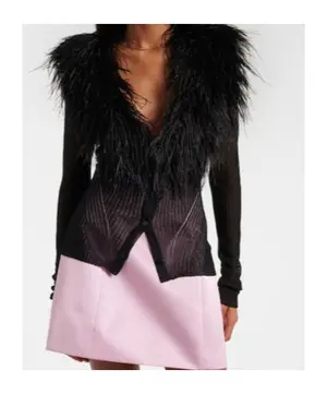 Blumarine Feather-trimmed Ribbed-knit Cardigan