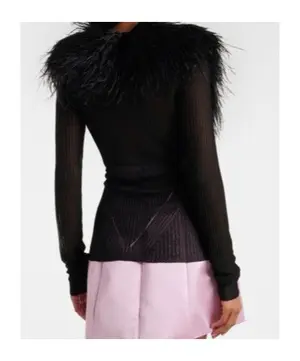Blumarine Feather-trimmed Ribbed-knit Cardigan