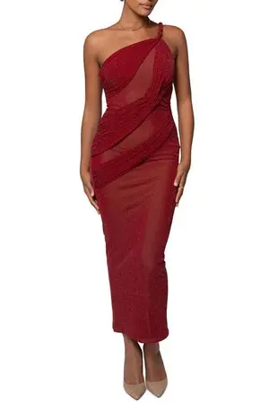 JLUXLABEL JLUXLABEL Alari One-Shoulder Sparkle Mesh Gown With Rope Strap Red