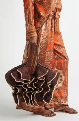 Zimmermann Medium Goldentime Ruffle Raffia Tote