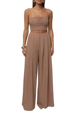 JLUXLABEL Pleated Crop Top And Wide Leg Pants Set - Beige