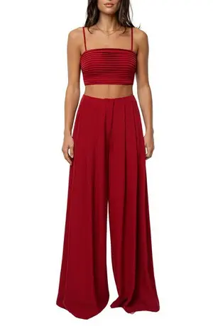 JLUXLABEL Pleated Crop Top And Wide Leg Pants Set - Red