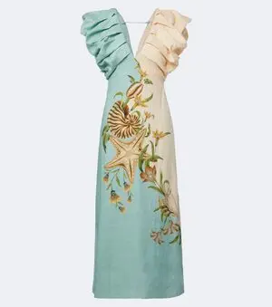 Farm Rio Marine Garden Sand Printed Linen Midi Dress - Multicoloured