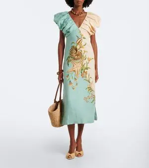 Farm Rio Marine Garden Sand Linen Midi Dress